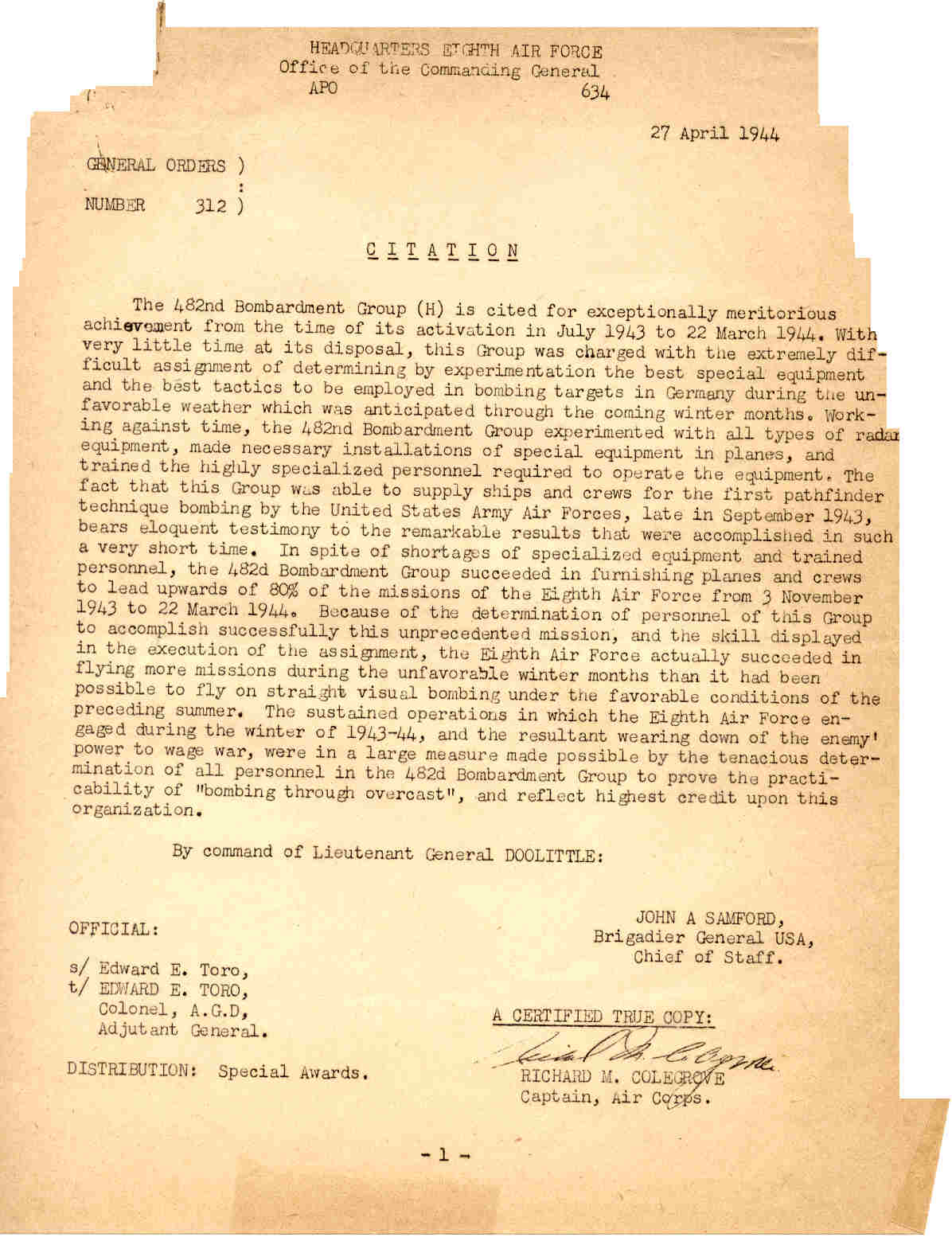 482nd Citation from Lt. General Jimmy Doolitle | 482nd Bombardment ...